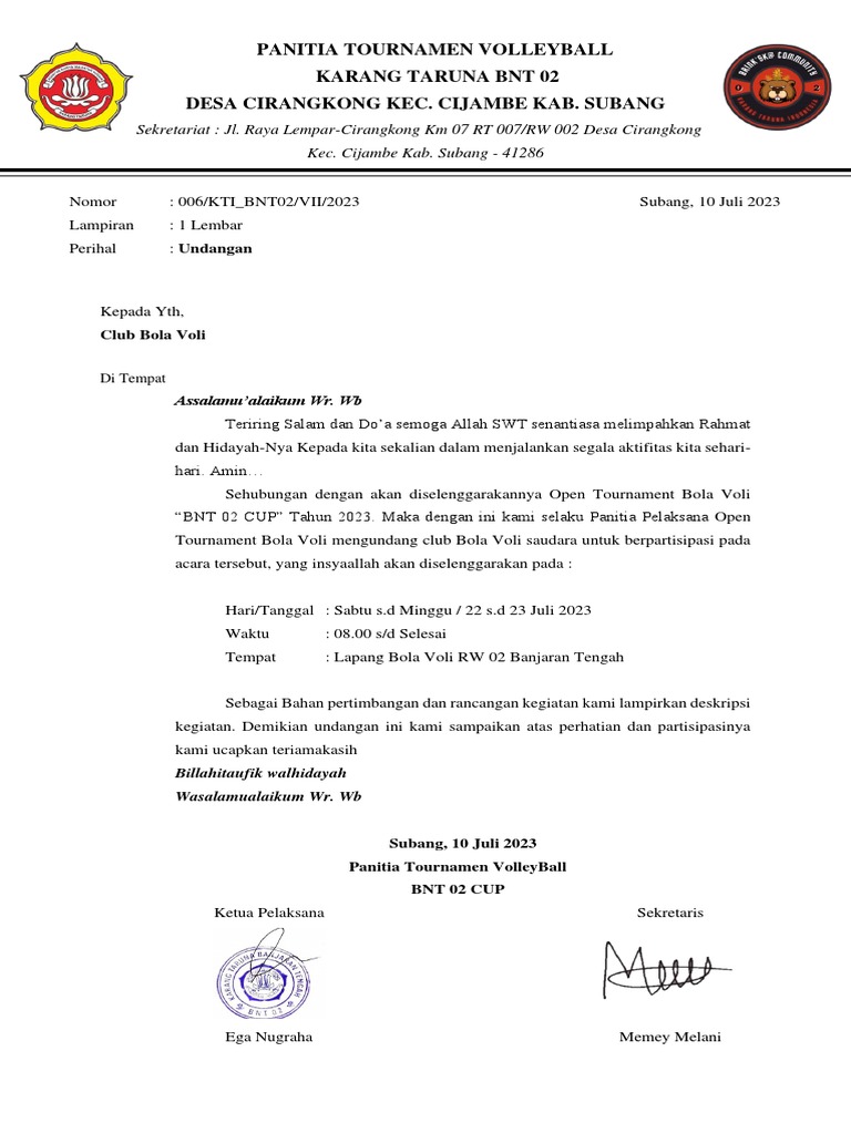 Undangan Turnamen Bola Voli BNT 02 CUP | PDF