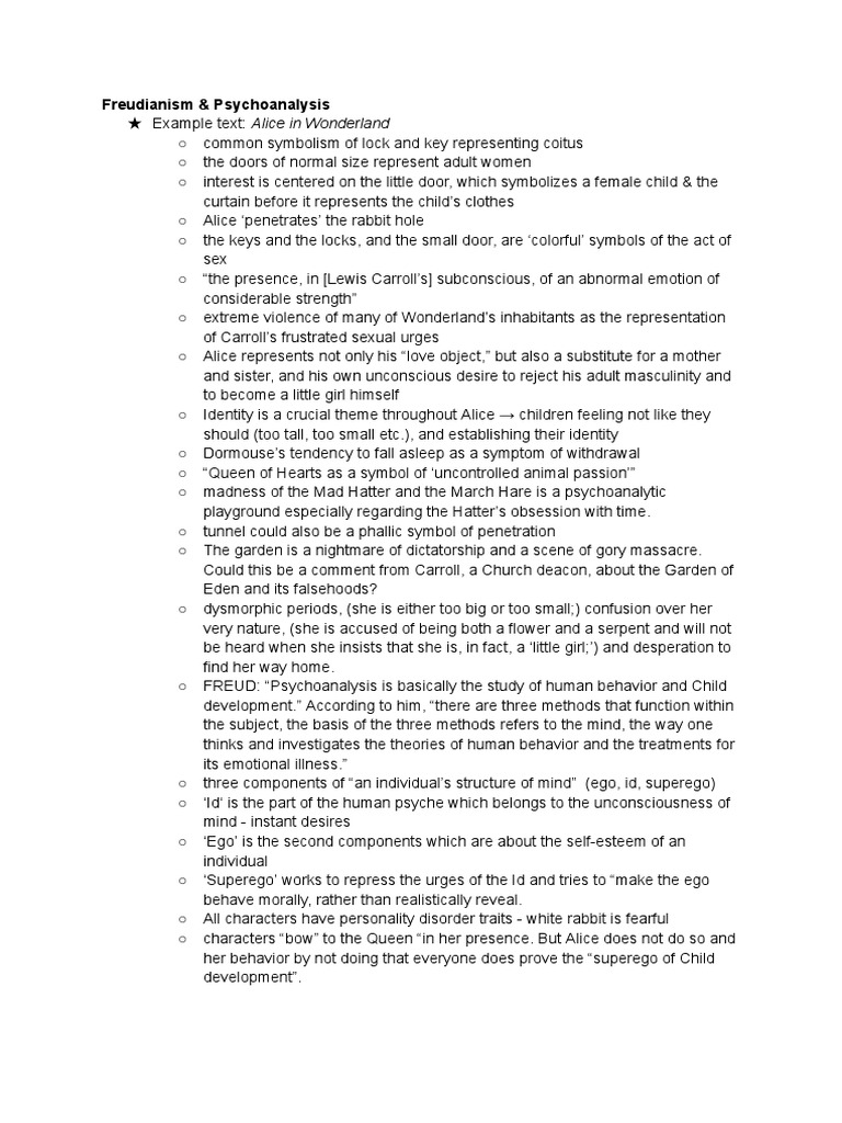 Freudianism & Psychoanalysis Theory Notes - Example Text - Alice in ...