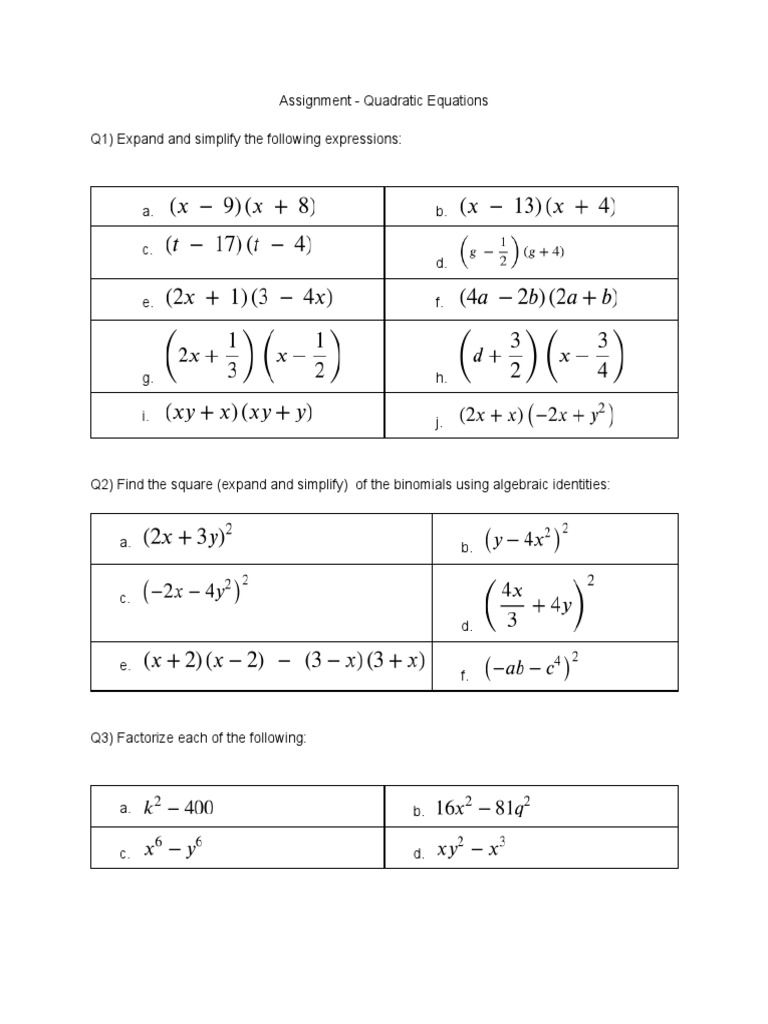 Assignment - Quadratic Equations | PDF