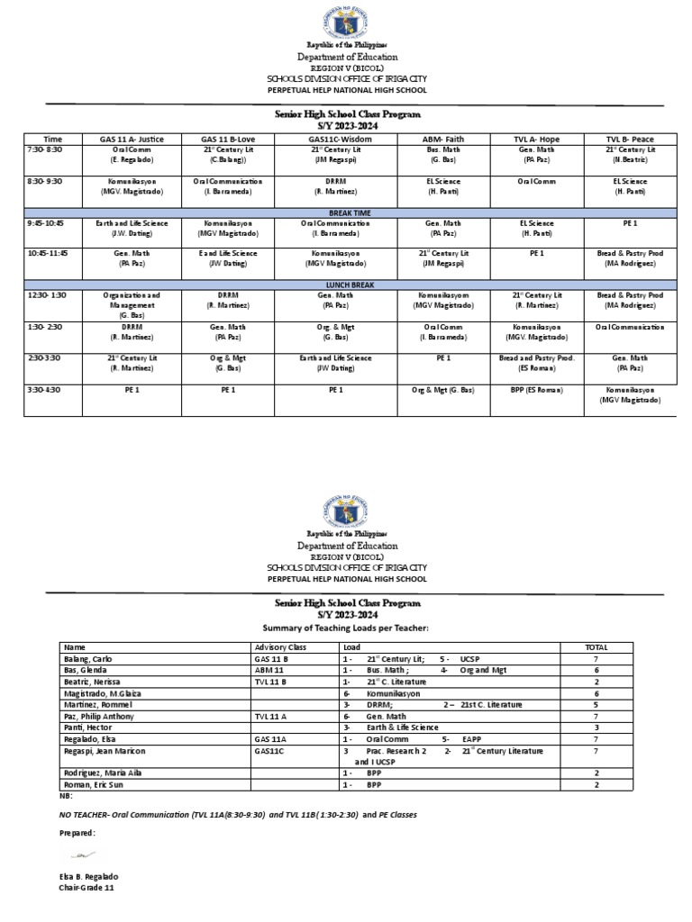 Grade 11 First Semester Class Schedule | PDF