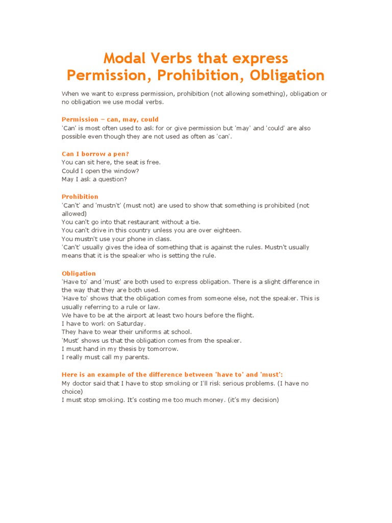Understanding Modal Verbs: Permission, Prohibition, Obligation | PDF ...