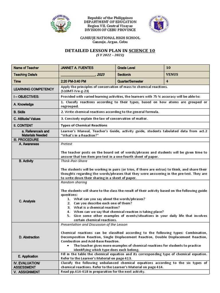 Science 10 Detailed Lesson Plan | PDF | Chemical Reactions | Learning