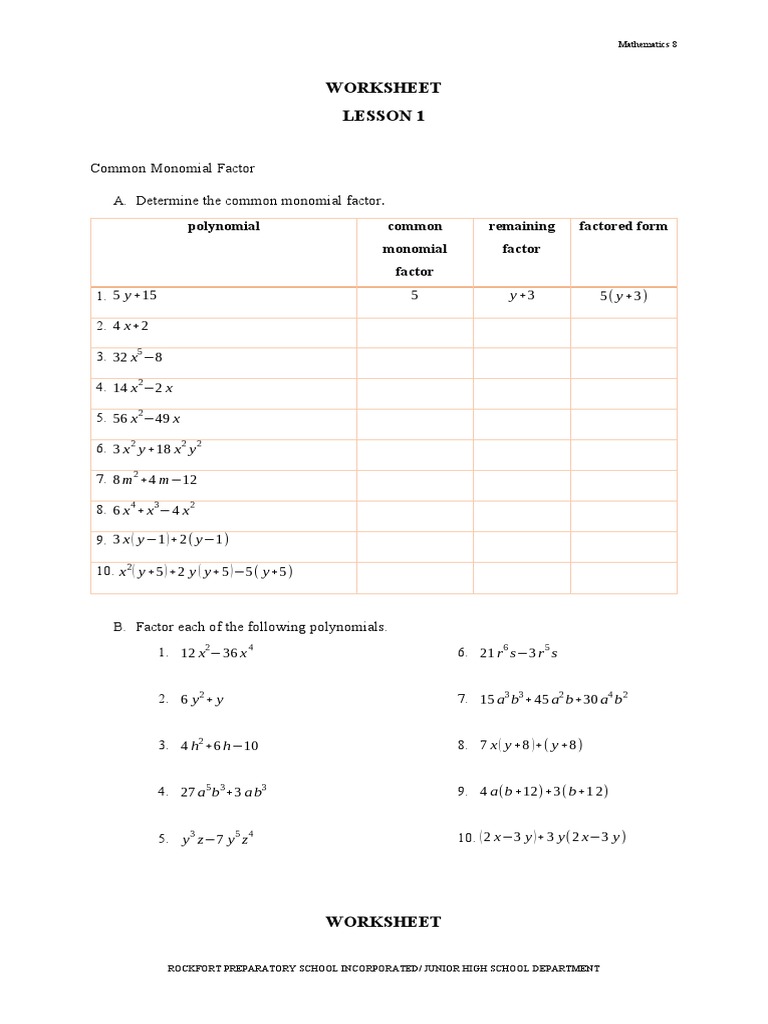 Common Monomial Factor Worksheet 8th Grade | PDF | Algebra ...