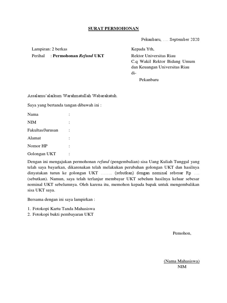 Surat Permohonan Refund UKT | PDF