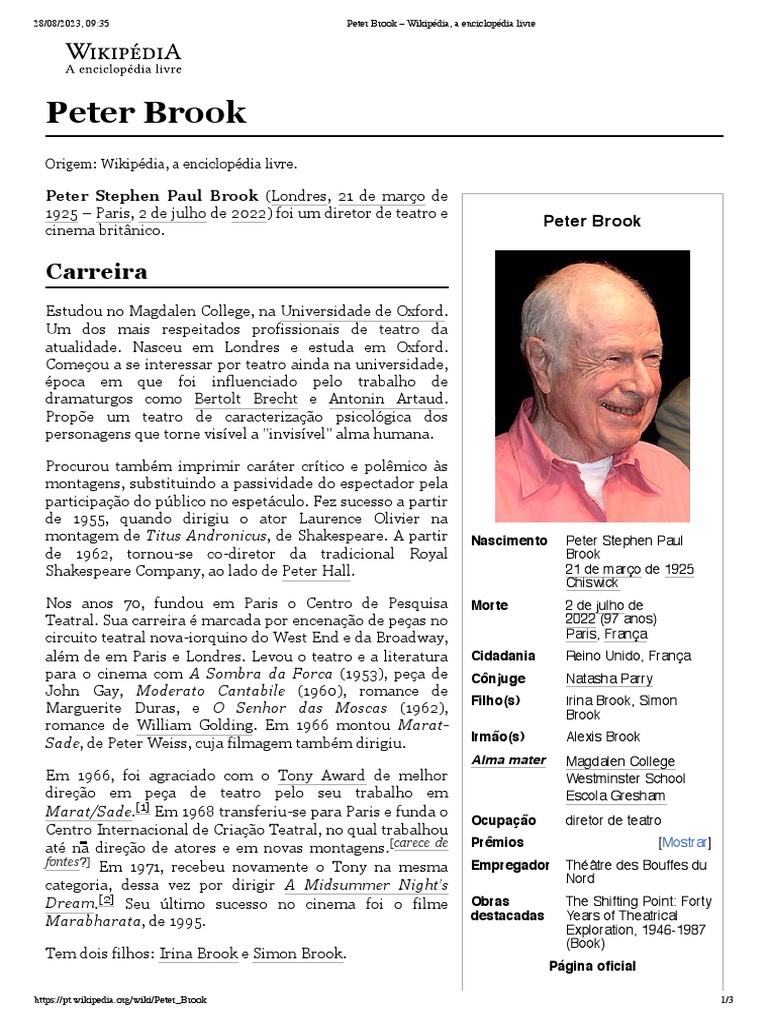 Peter Brook - Wikipédia, A Enciclopédia Livre | PDF