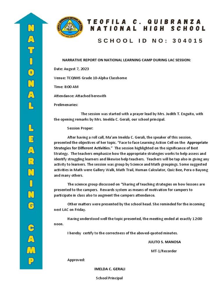 Narrative Report On National Learning Camp During Lac Session | PDF