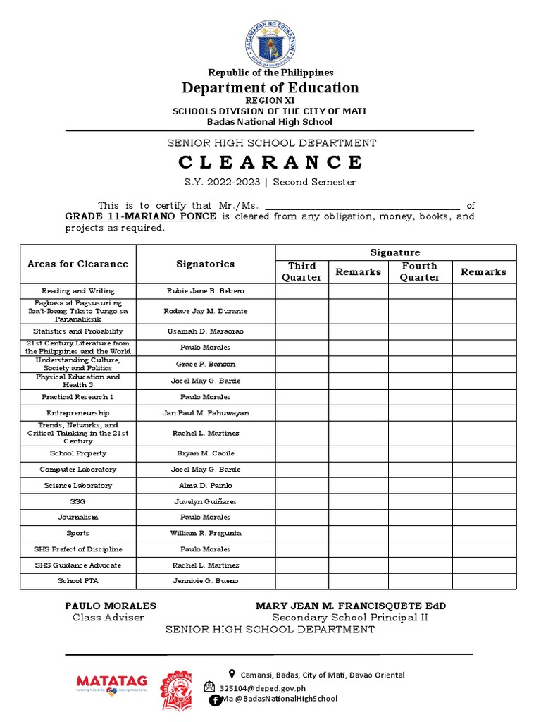 SHS School Clearance SY 2022 2023 2nd Sem | PDF SHS School Clearance SY 2022 2023 2nd Sem | PDF
