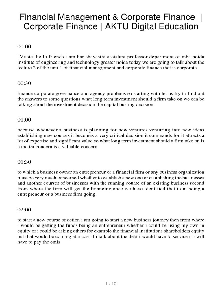 Financial Management & Corporate Finance - Corporate Finance - AKTU Digital Education | PDF ...