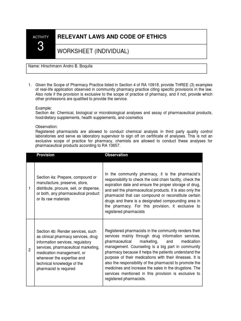 Pharmacy Practice & Ethics Worksheet | PDF | Pharmacy | Pharmacist