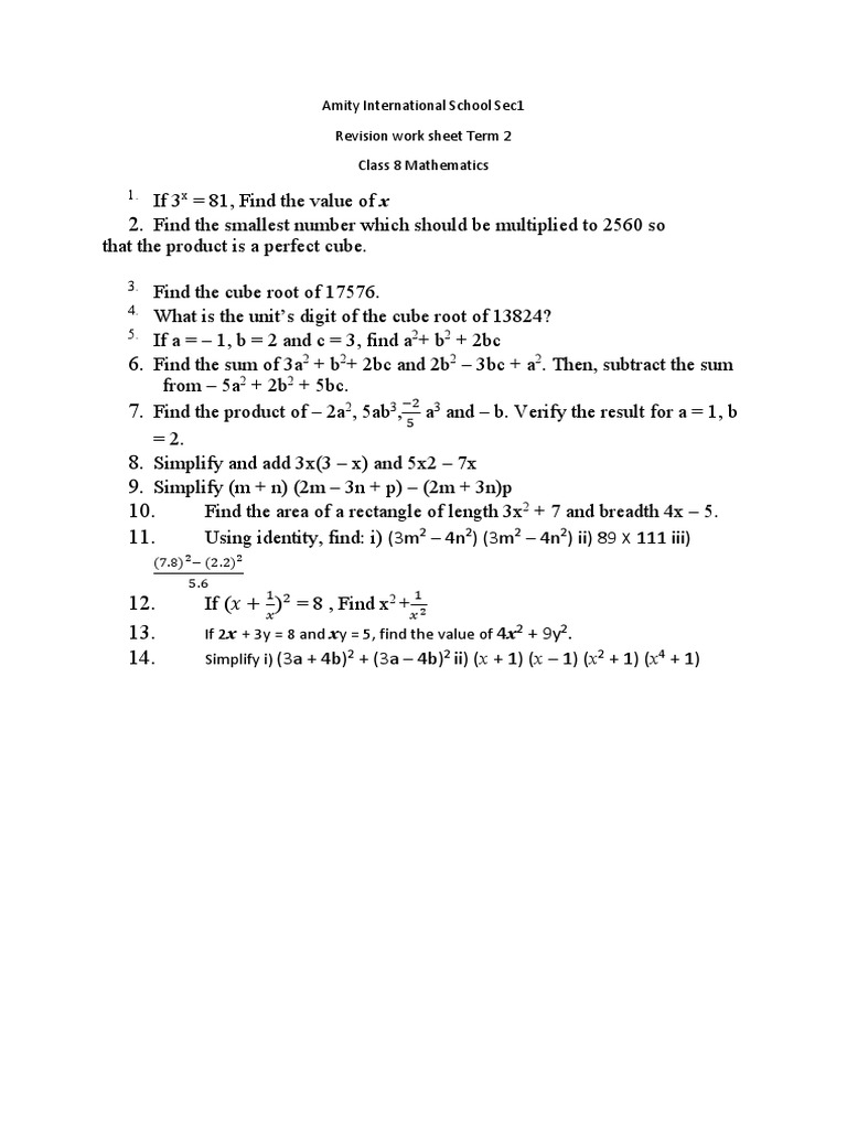 Class 8 Maths Revision Work Sheet | PDF
