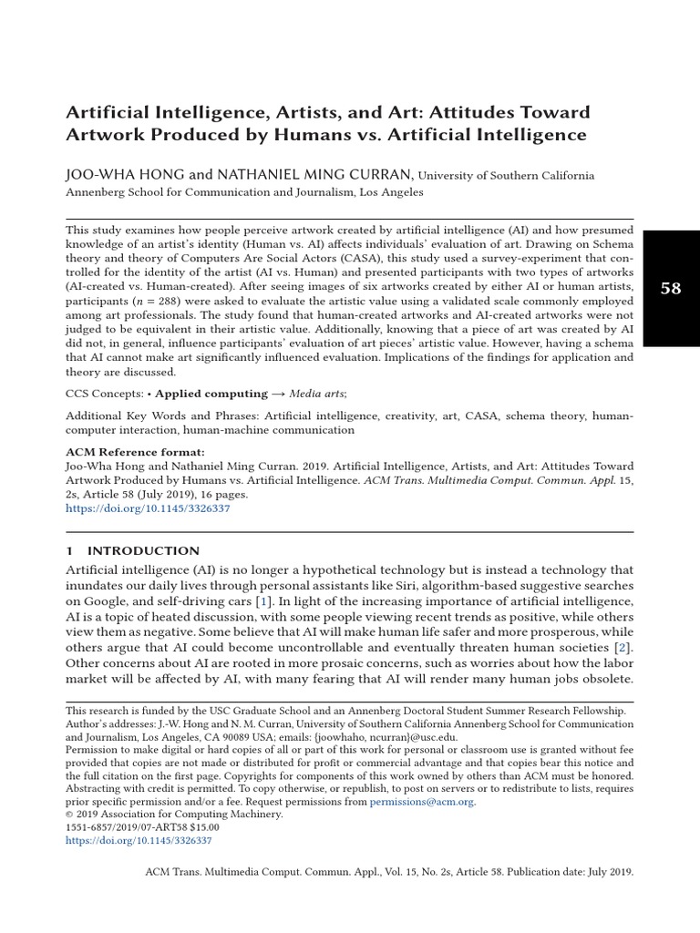 Artificial Intelligence, Artists, and Art: Attitudes Toward Artwork ...