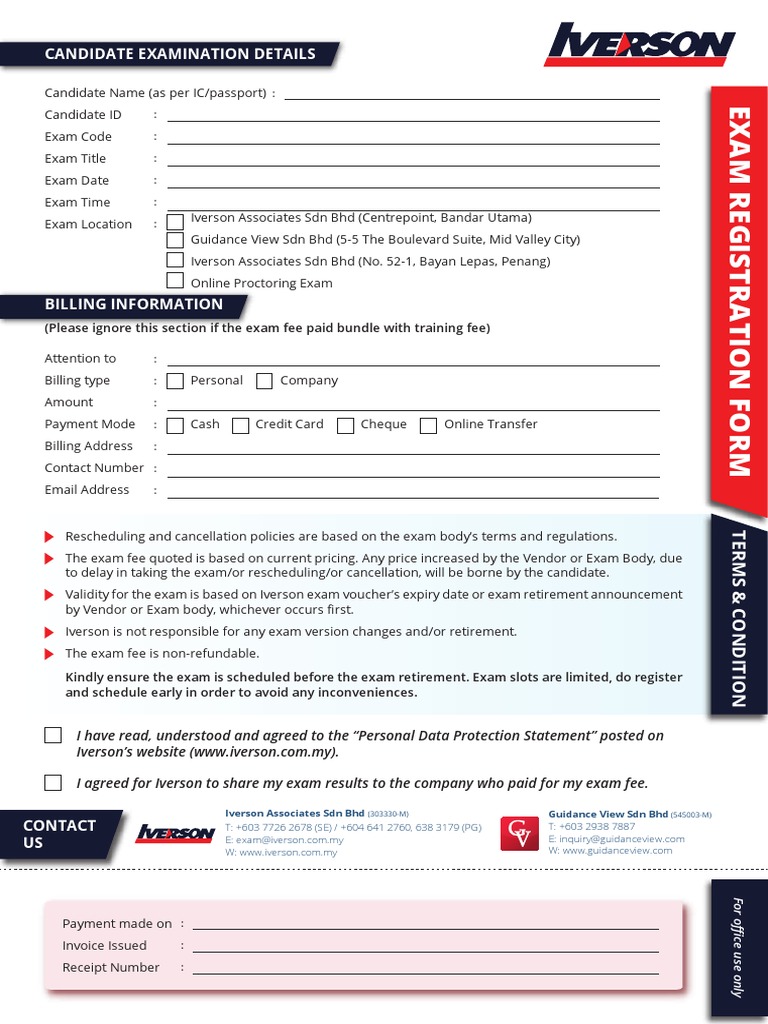 Iverson Exam Registration Form | PDF | Payments | Fee