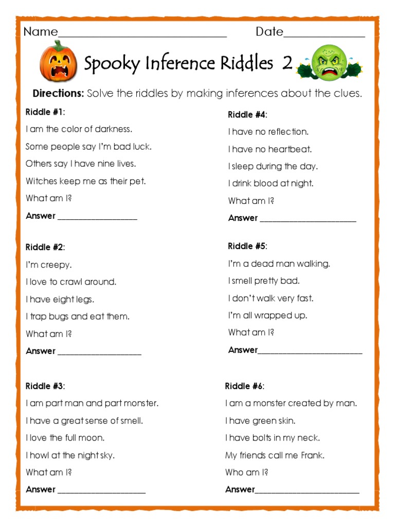 Spooky Inference Riddles 2: Name - Date | PDF