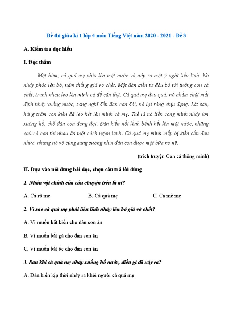 De Thi Giua Ki 1 Lop 4 Mon Tieng Viet Nam 2020 2021 de 3 | PDF