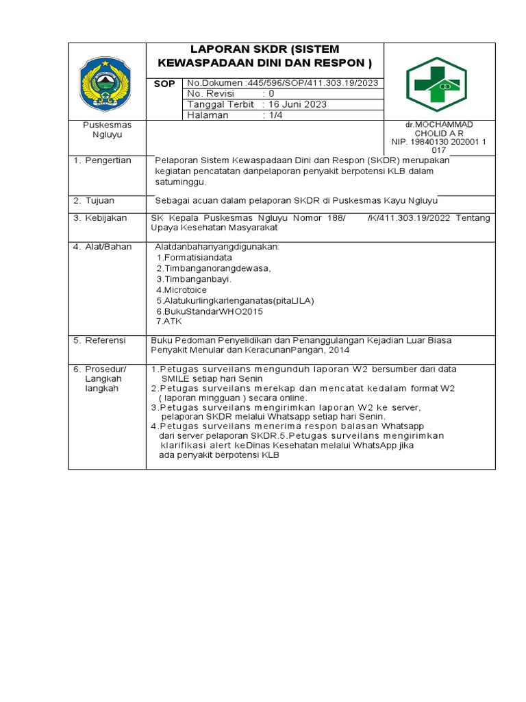 Sop Laporan SKDR (Sistem Kewaspadaan Dini Dan Respon) | PDF