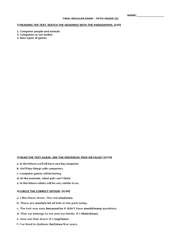 5th Grade - Final Regular Exam 1 | PDF