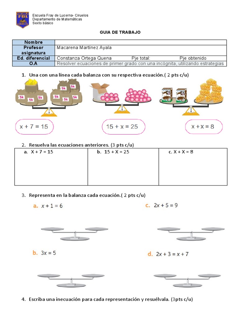 Guía de Ecuaciones e Inecuaciones 6° Básico | PDF