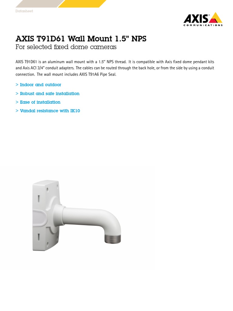 Datasheet Axis t91d61 Wall Mount 15 Nps en US 298612 | PDF