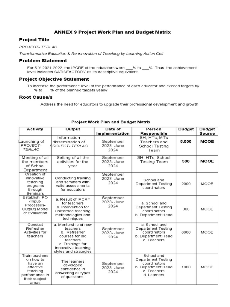 Project Workplan and Budget Matrix Lac 2023 2024 | PDF | Education ...
