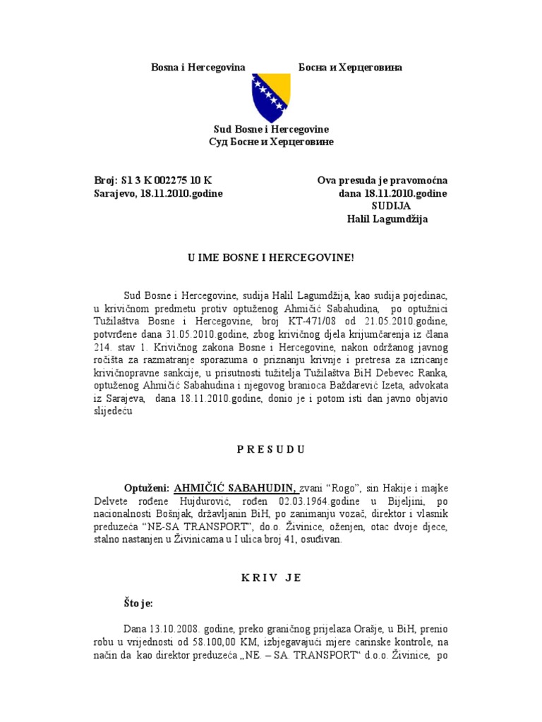 Ahmicic Sabahudin - Presuda 18112010 | PDF