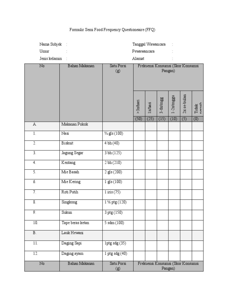 Formulir FFQ Semi Kuantitatif | PDF