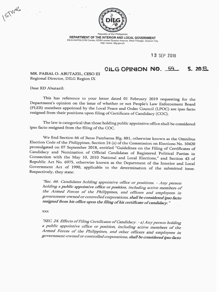 DILG LO No. 59 S. 2019 Whether or Not PLEB Officers Are Considered Ipso ...