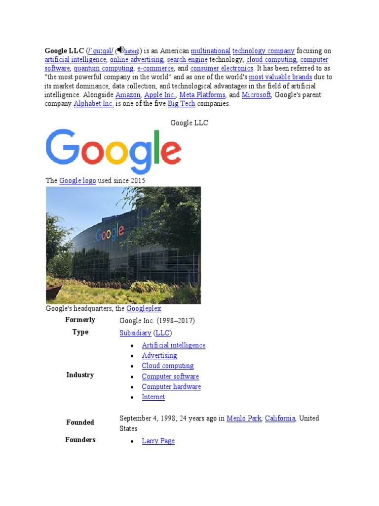 Google LLC: Company Overview and Profile | PDF | Business | Technology ...