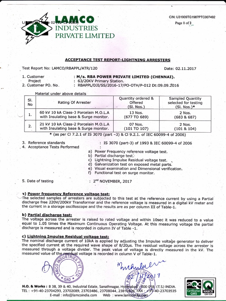 60 KV and 20 KV SA Factory Test Reports | PDF | Voltage | Electronics