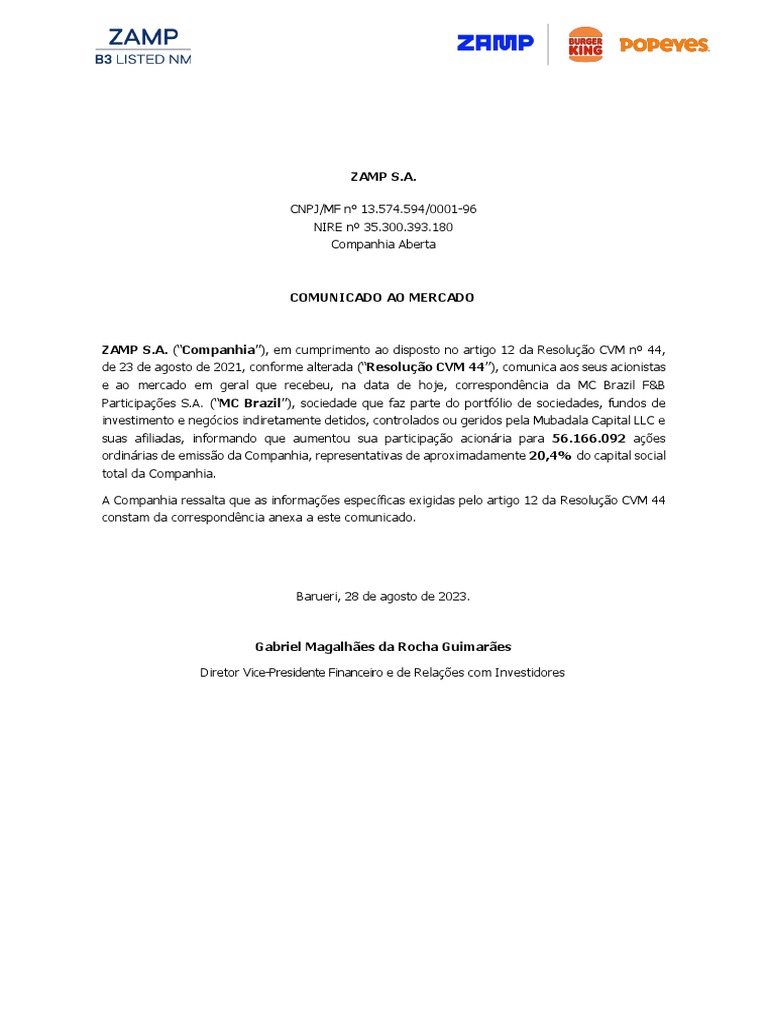 Documento Fato Relevante - Zamp | PDF | Investimentos | Setor privado