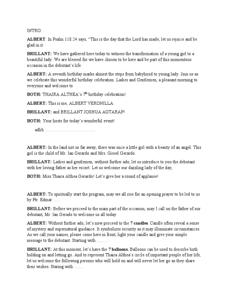 Emcee Script For 7TH Bday Debut | PDF