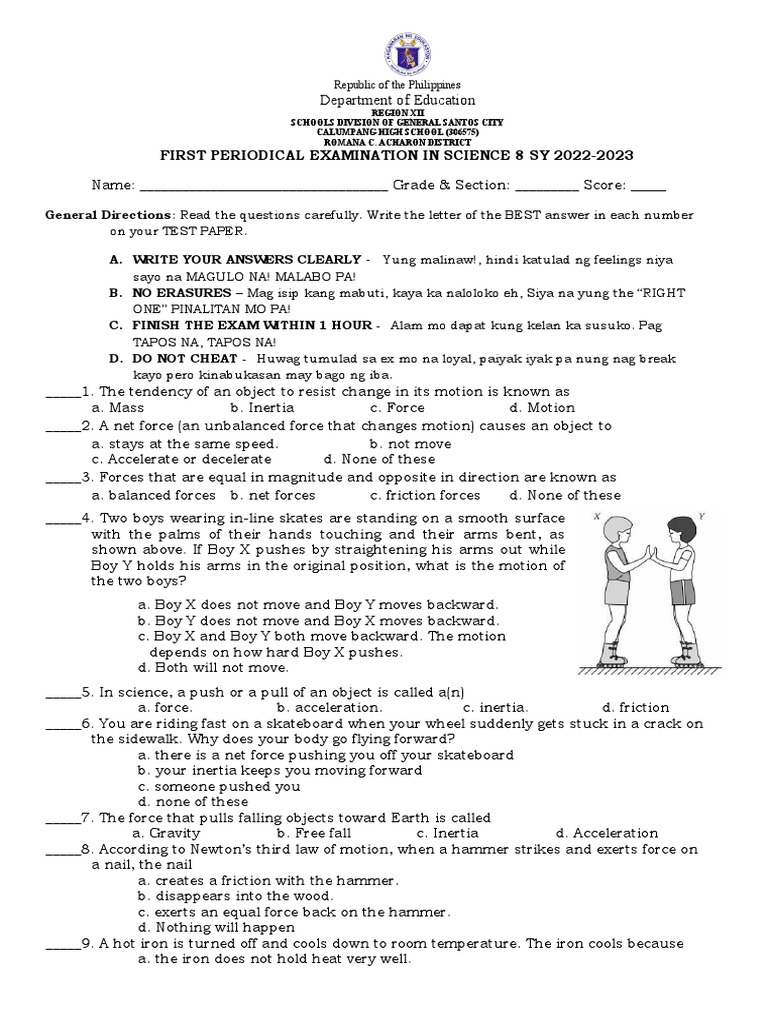 Science Exam for Grade 8 Students | PDF | Newton's Laws Of Motion | Force