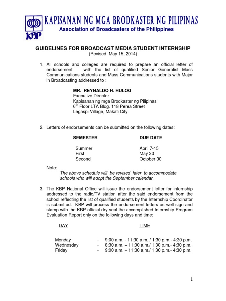 GUIDELINES FOR BRAODCAST MEDIA STUDENT INTERNSHIP With Letter Head | PDF