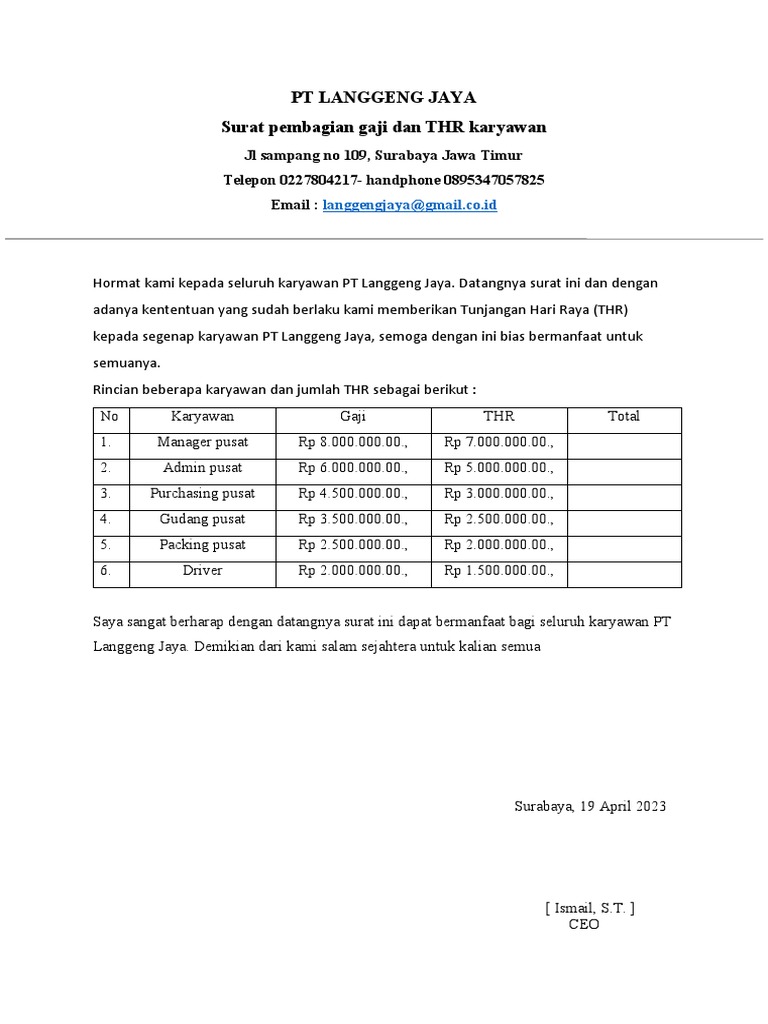 THR PT Langgeng Jaya | PDF