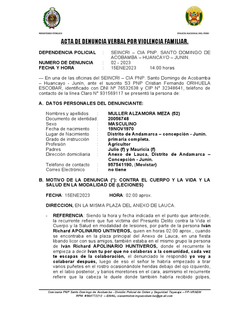 Acta de Denuncia Verbal Por Violencia Alzamora | Descargar gratis PDF | Gobierno | Justicia
