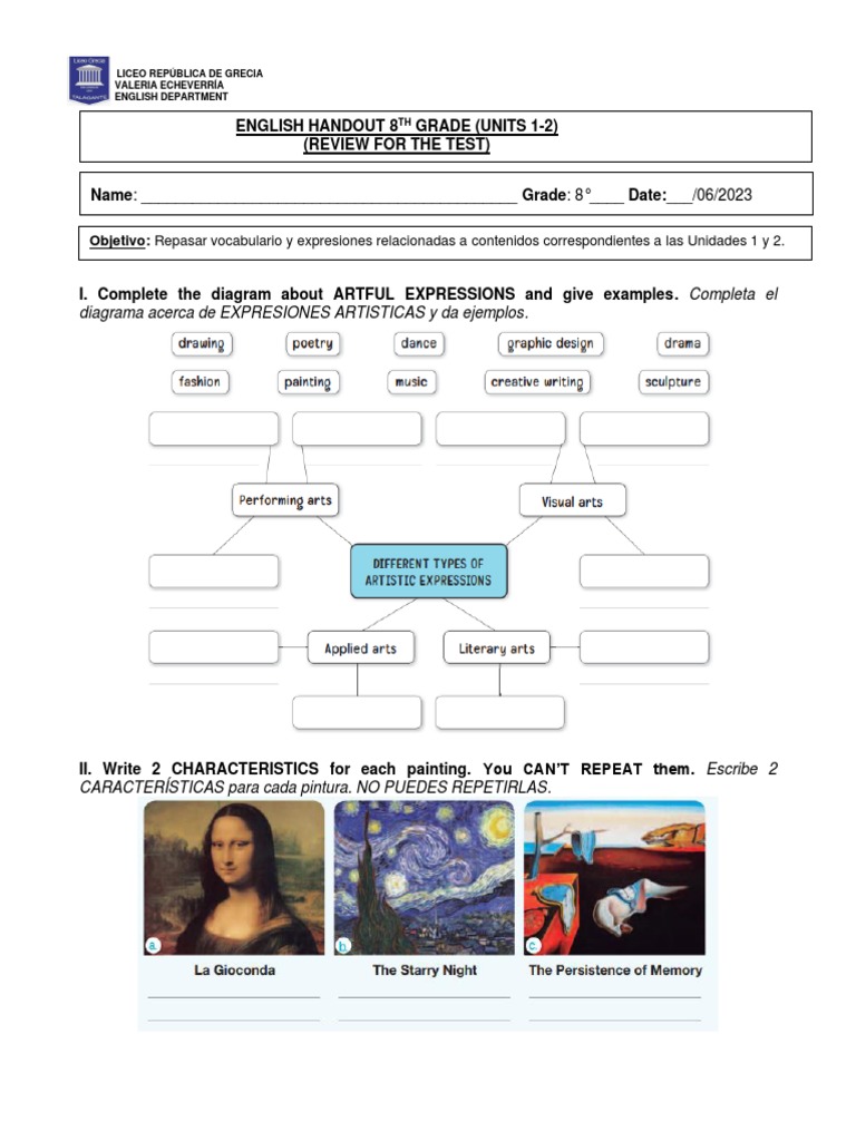 GUIA REPASO 8° BÁSICO INGLÉS (Unidades 1-2) | PDF