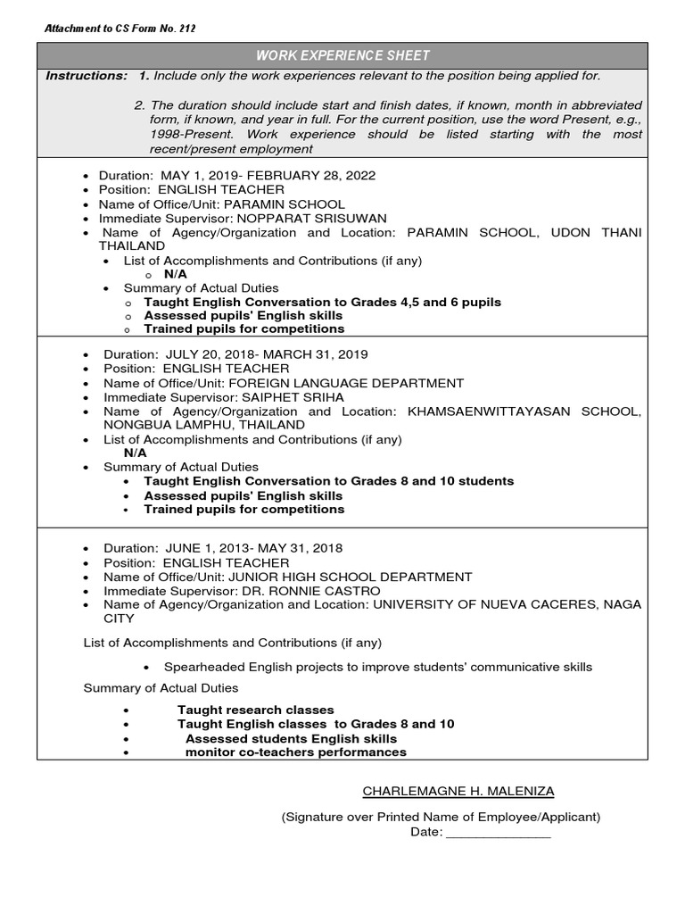 CS Form No. 212 Attachment Work Experience Sheet 1 | PDF | Learning ...