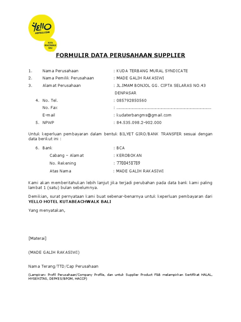 Formulir Data Supplier Perusahaan | PDF