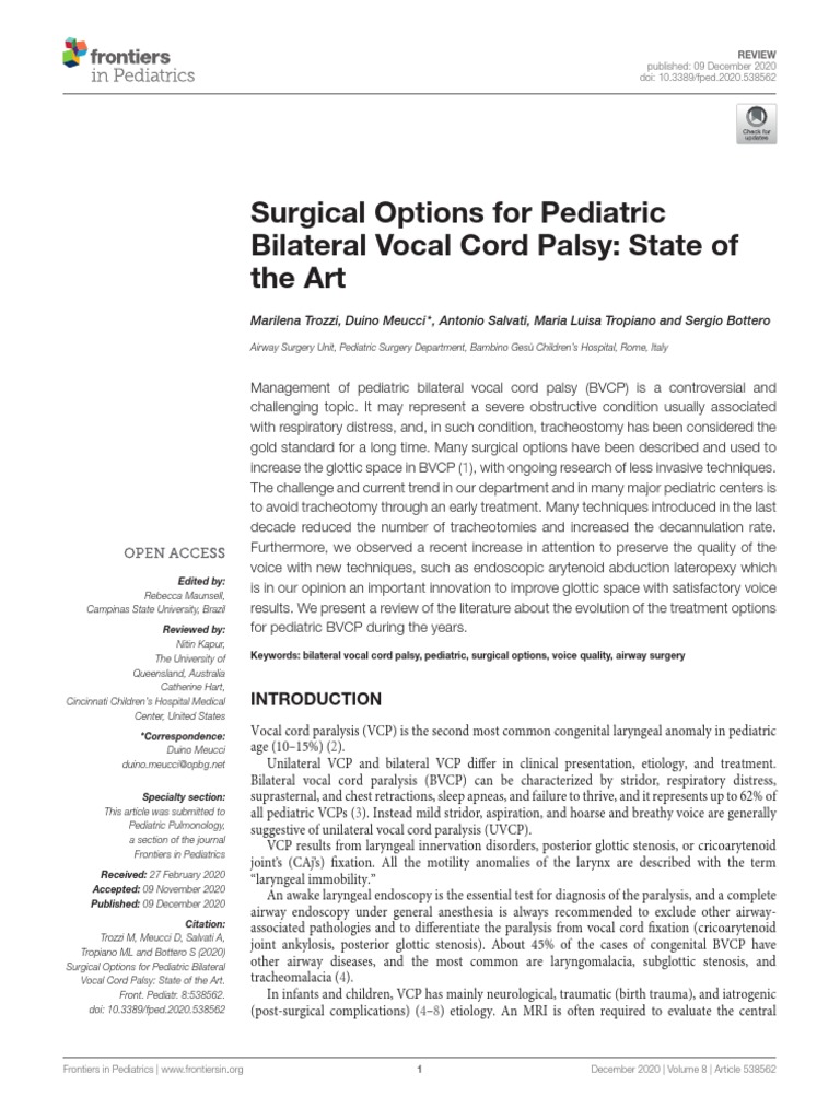 Surgical Option For Pediatric Bilateral Vocal Cord Palsy | PDF | Larynx ...