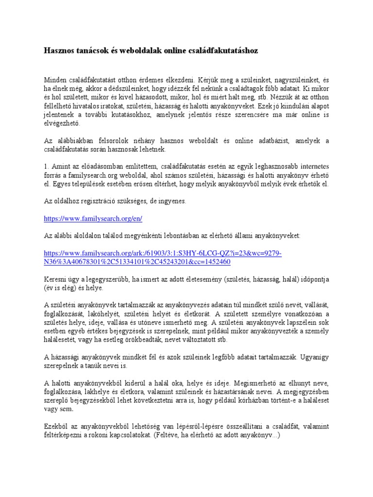 Hasznos Tanácsok És Weboldalak Online Családfakutatáshoz | PDF