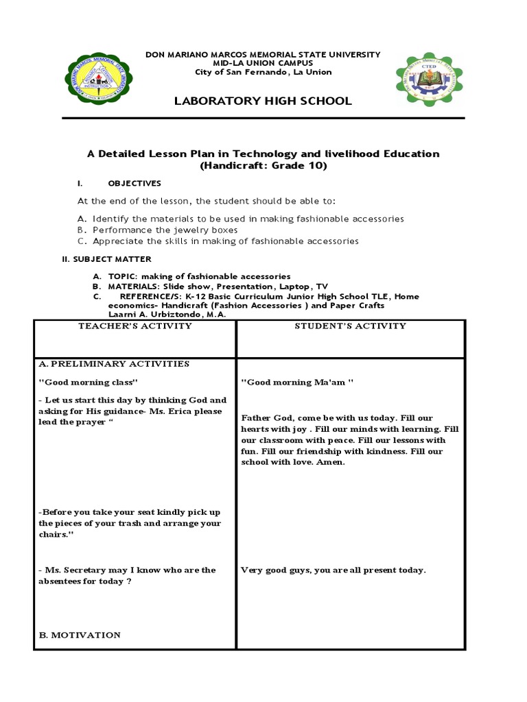 Detailed Lesson Plan - Grade 10 Handicraft | PDF