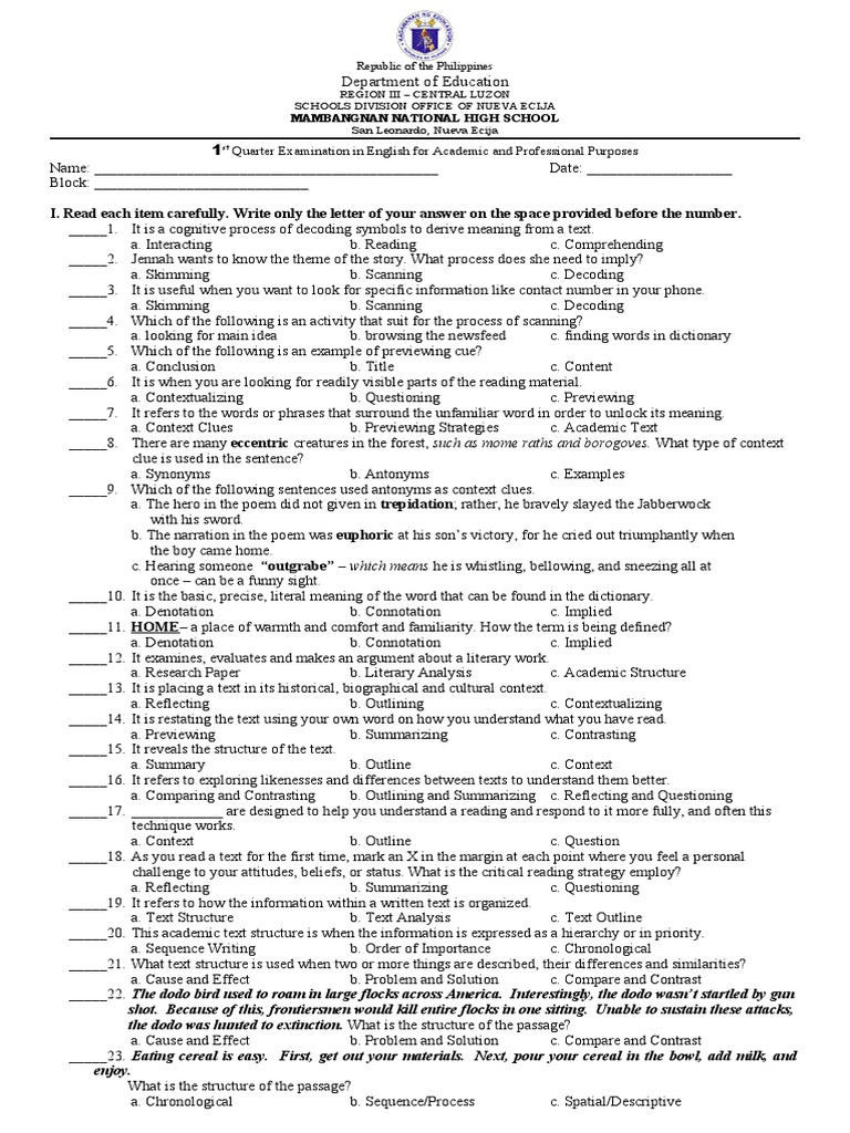 3rd Quarter Exam-EAPP | PDF