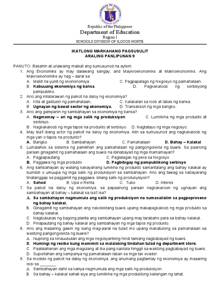 IKATLONG MARKAHANG PAGSUSULIT Ap 9. WITH ANSWER KEY | PDF