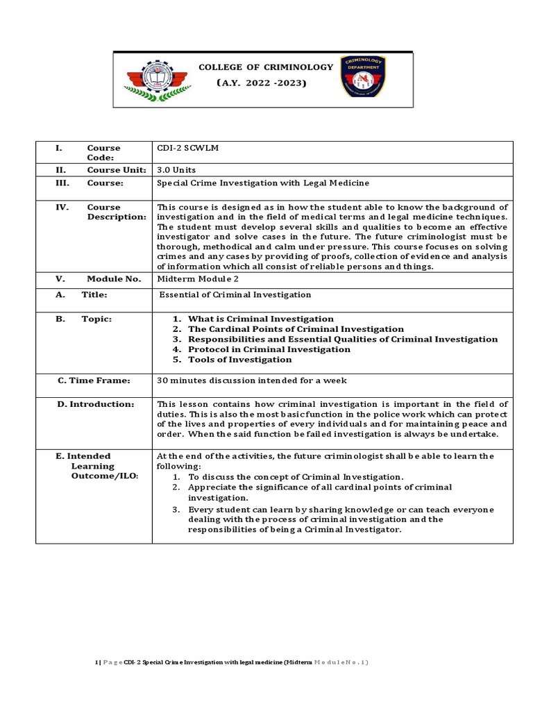 Special Crime Investigation With Legal Medicine Module 1 | PDF Special Crime Investigation With Legal Medicine Module 1 | PDF