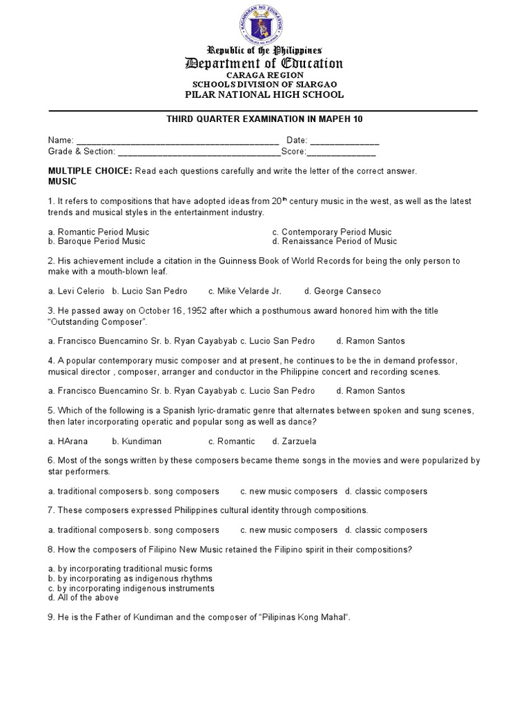 Mapeh 1o Third Quarter Exam Qa | PDF