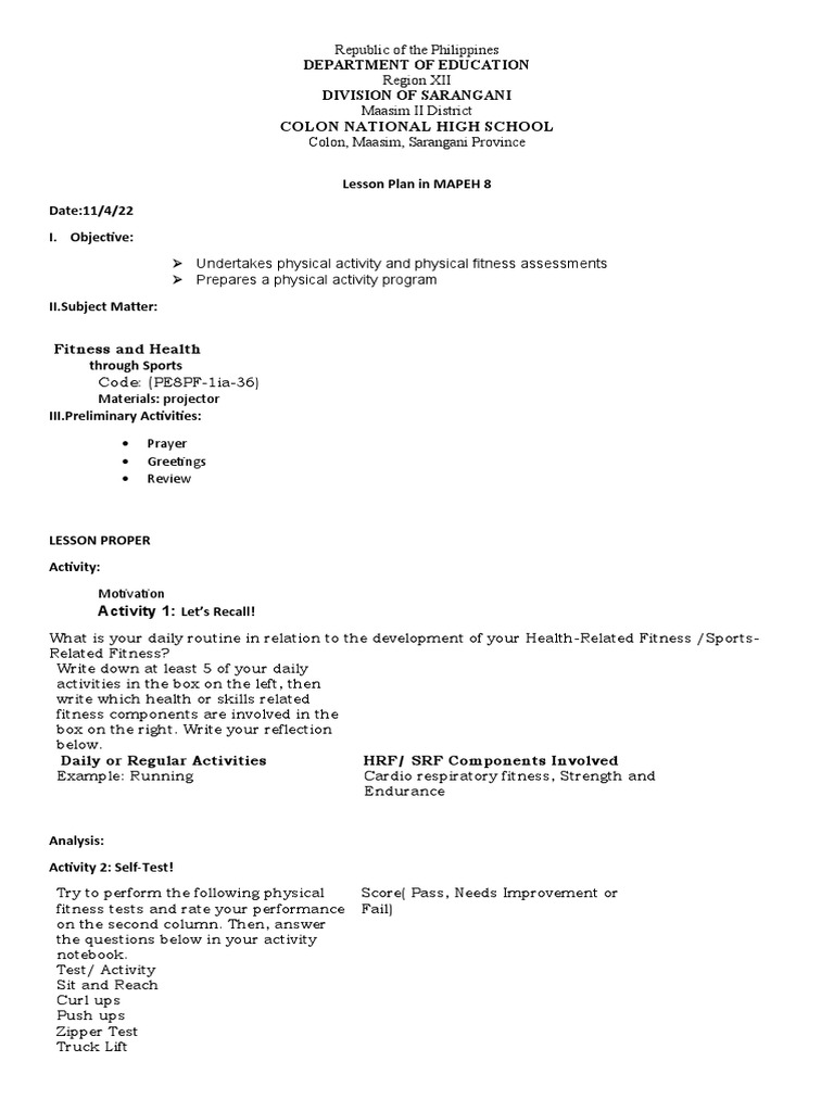 PE Lesson Plan: Fitness & Health Activities | PDF | Physical Fitness ...
