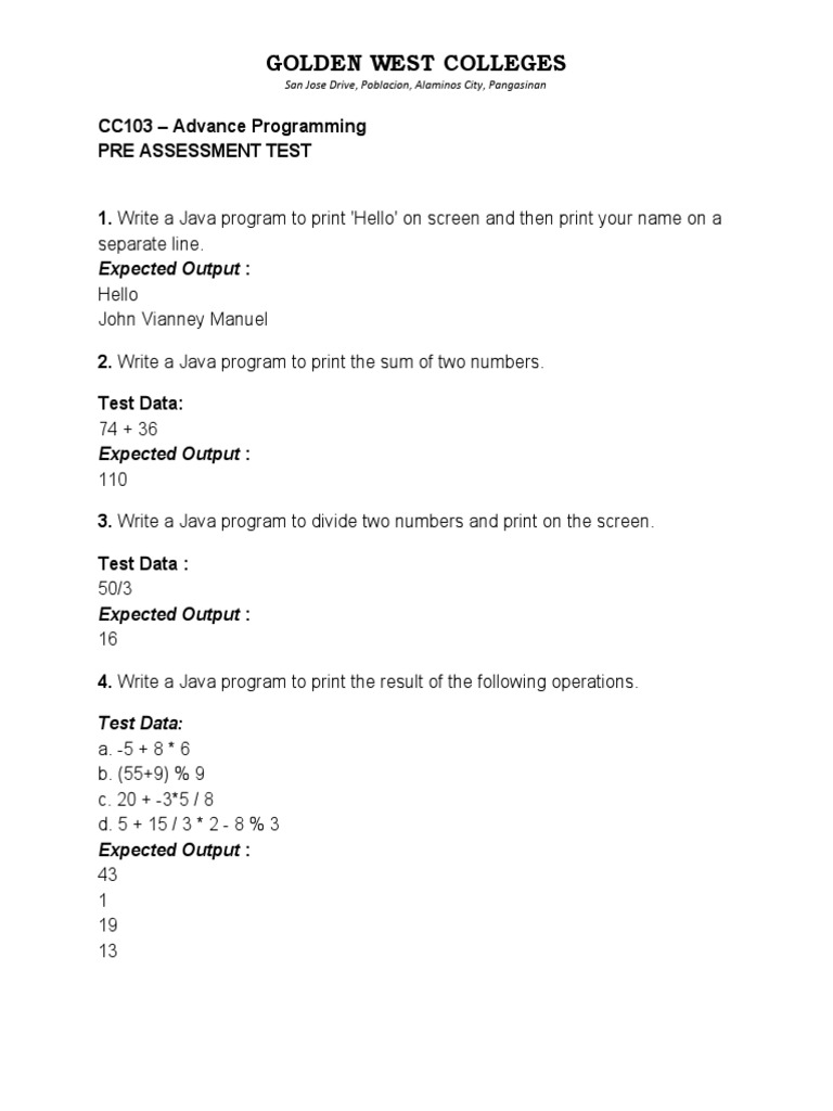 Cc103 Pre Assessment Test Pdf