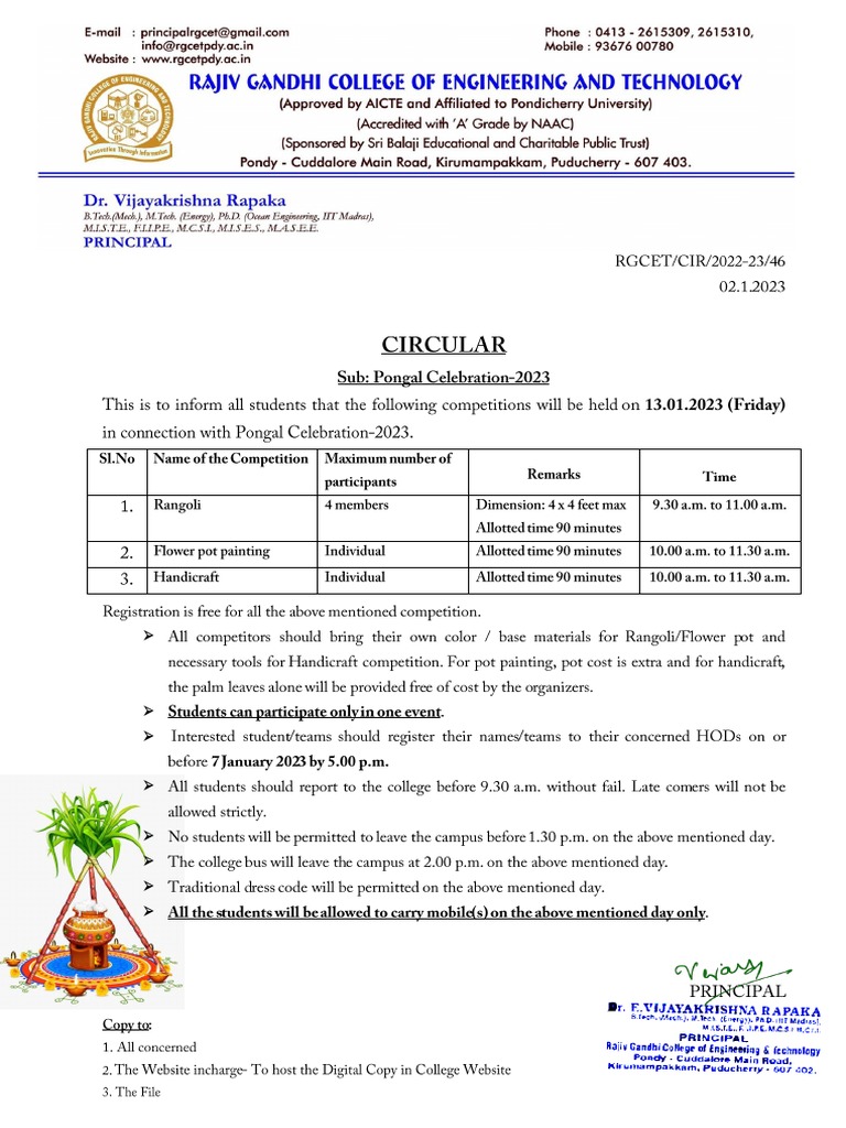 Circular (2.01.2023) Pongal Celebrations 2023 | PDF