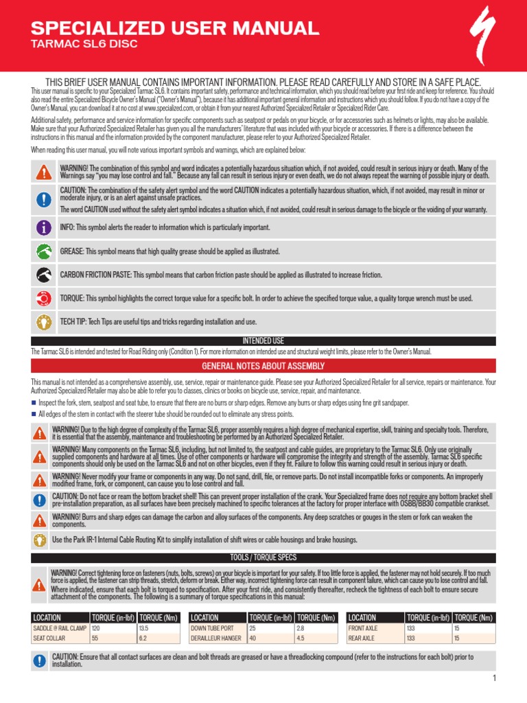 Specialized Bike User Guide | PDF | Bearing (Mechanical) | Screw