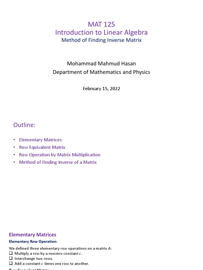 1.5 - Elementary Matrices and Finding Inverse of A Matrix-1 | PDF ... 1.5 - Elementary Matrices and Finding Inverse of A Matrix-1 | PDF ...