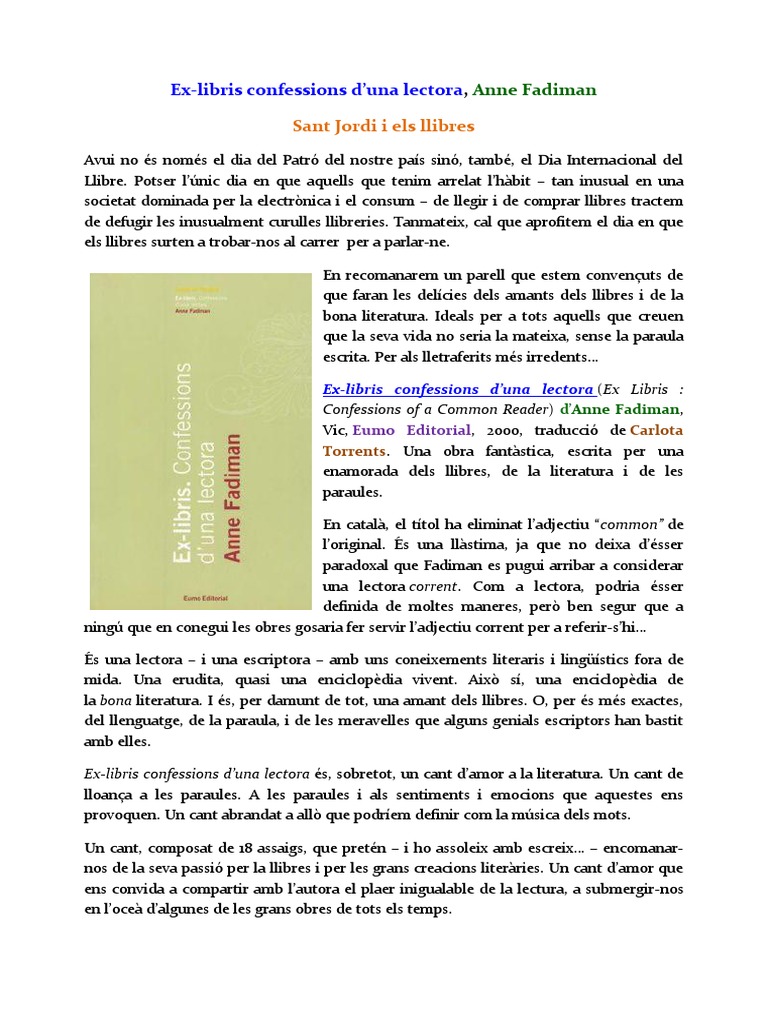 Ex-Libris Confessions D'una Lectora, Anne Fadiman | PDF